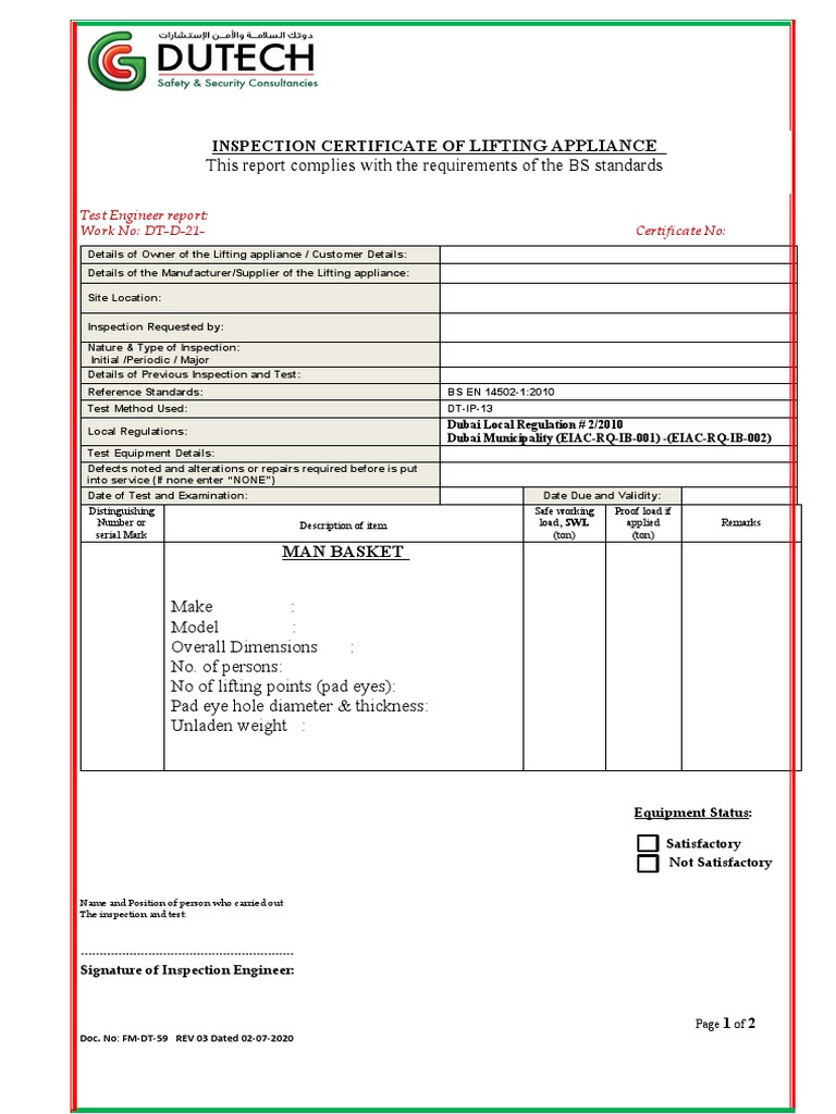 FM-DT-59 Man Basket Checklist | PDF | Mechanical Engineering