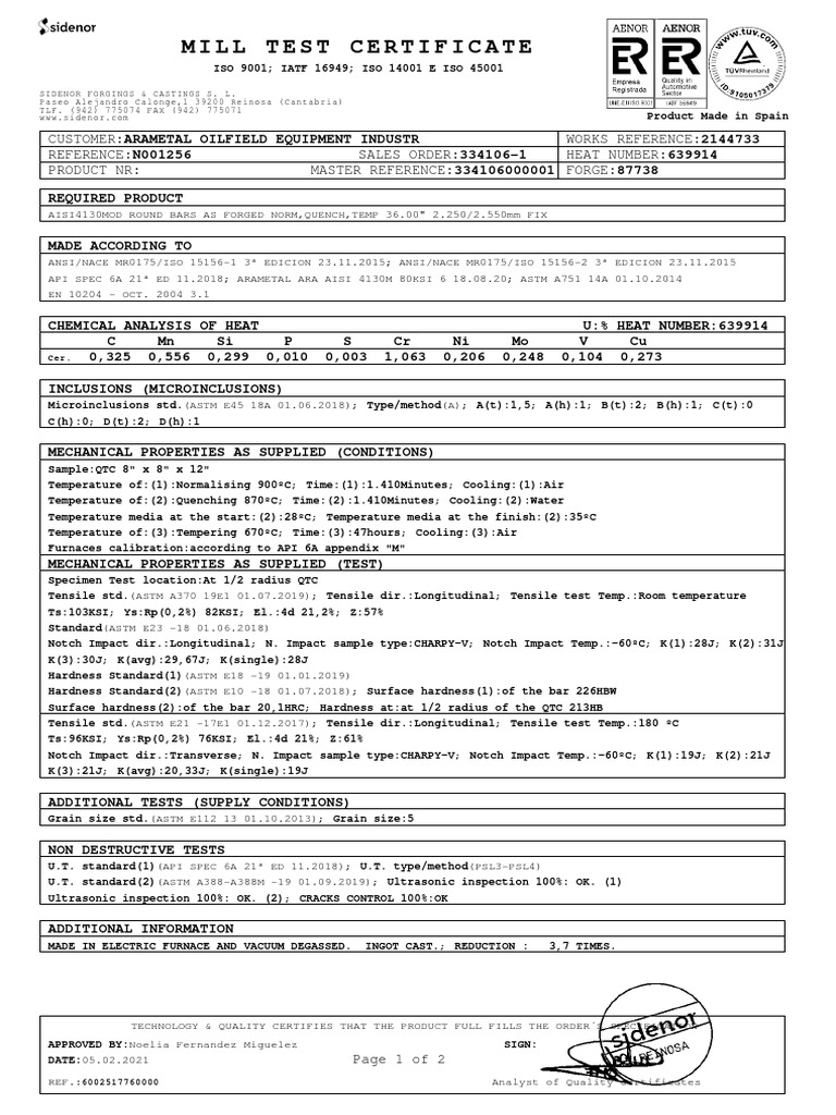 MTC Sample Dia 36 Inch Heat 639914 4130 | PDF | Procedural Knowledge ...