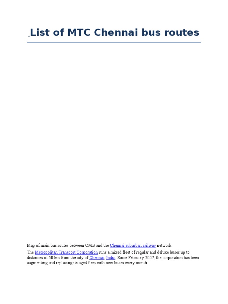 List of MTC Chennai Bus Routes: Chennai Suburban Railway Metropolitan ...