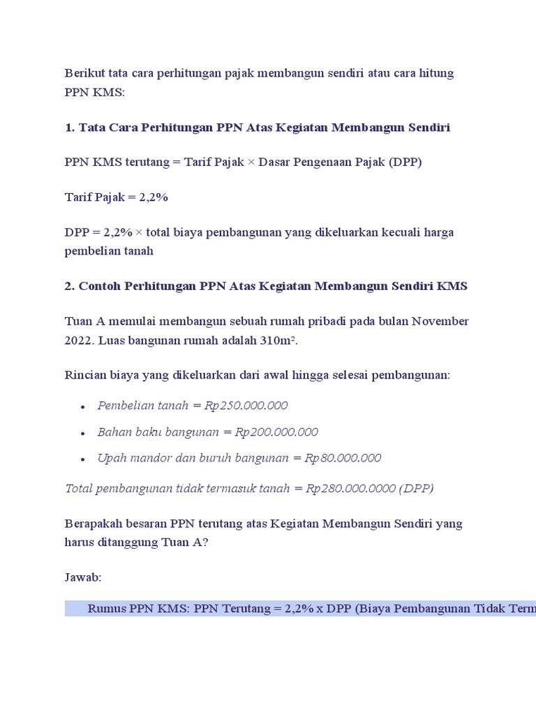 Berikut Tata Cara Perhitungan Pajak Membangun Sendiri Atau Cara Hitung PPN KMS | PDF ...