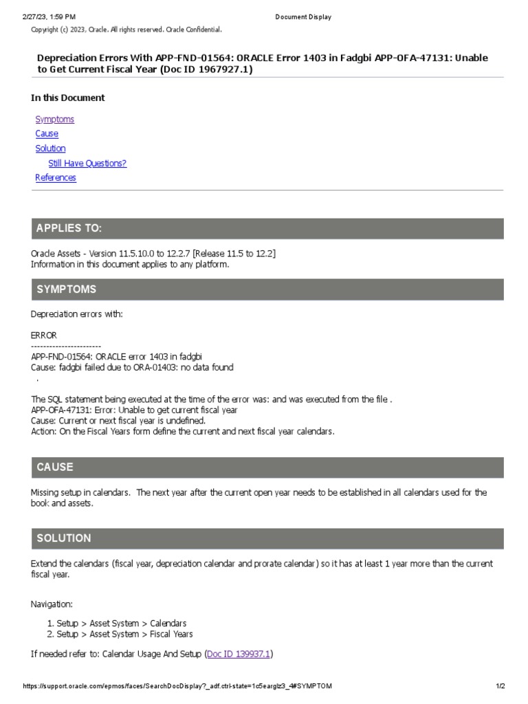 Depreciation Errors With APP-FND-01564 ORACLE Error 1403 in Fadgbi APP-OFA-47131 | PDF