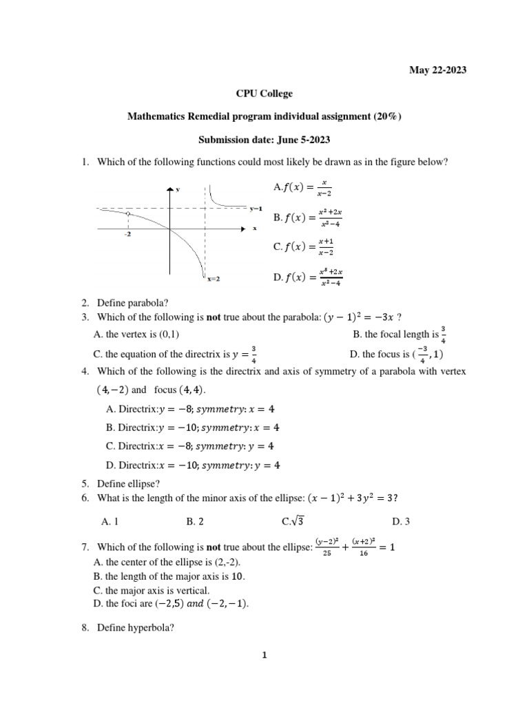 Remedial Mathematics Assignment Guide | PDF | Ellipse | Analytic Geometry