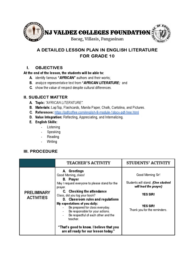 Grade 10 African Literature Lesson Plan | PDF | Lesson Plan | Violence