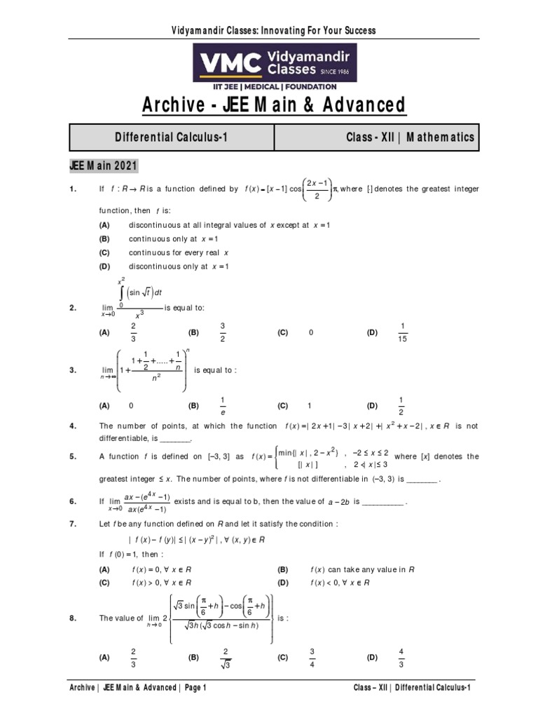 JEE Main 2021-2022_Differential Calculus-1-Questions | PDF | Function ...