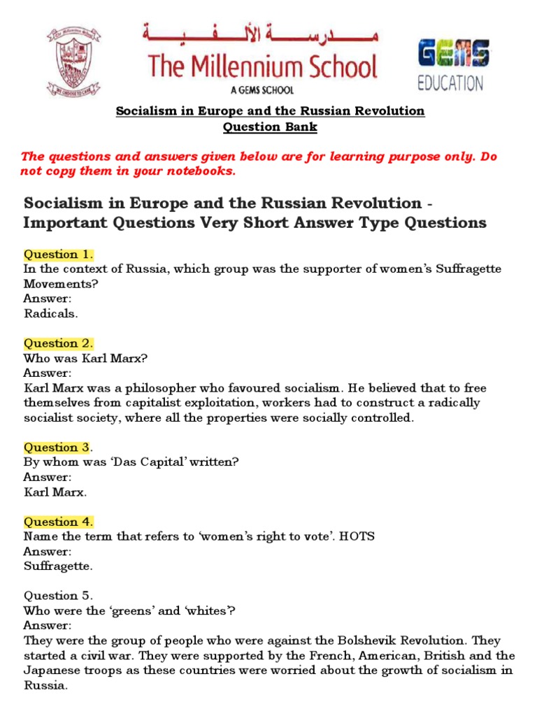 Question Bank - Socialism in Europe and the Russian Revolution | PDF ...