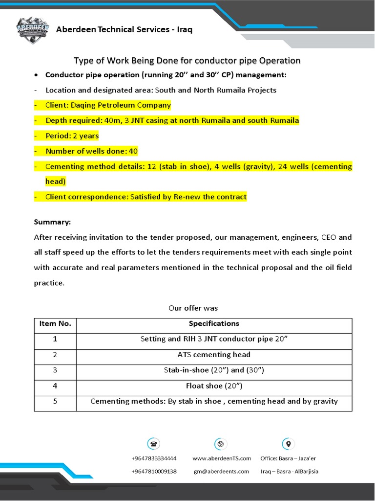 Type of Work For Conductor Pipe Operation | PDF | Oil Well | Casing ...