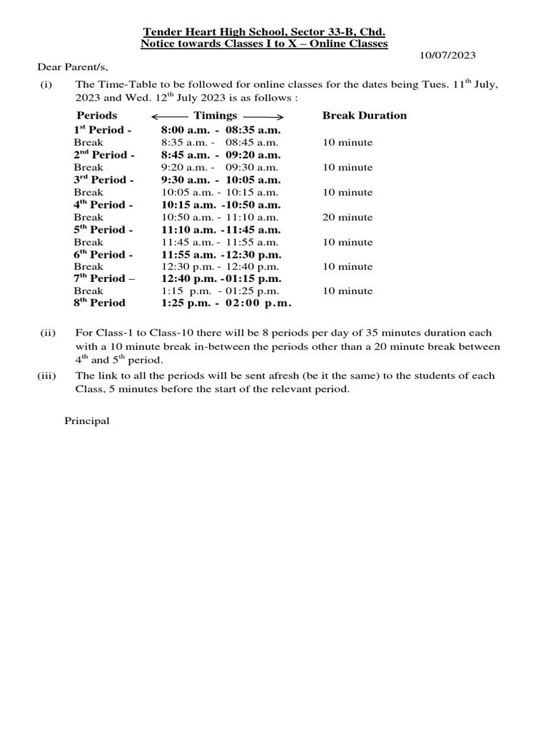 Notice Time Table (Class 1 To 10) | PDF