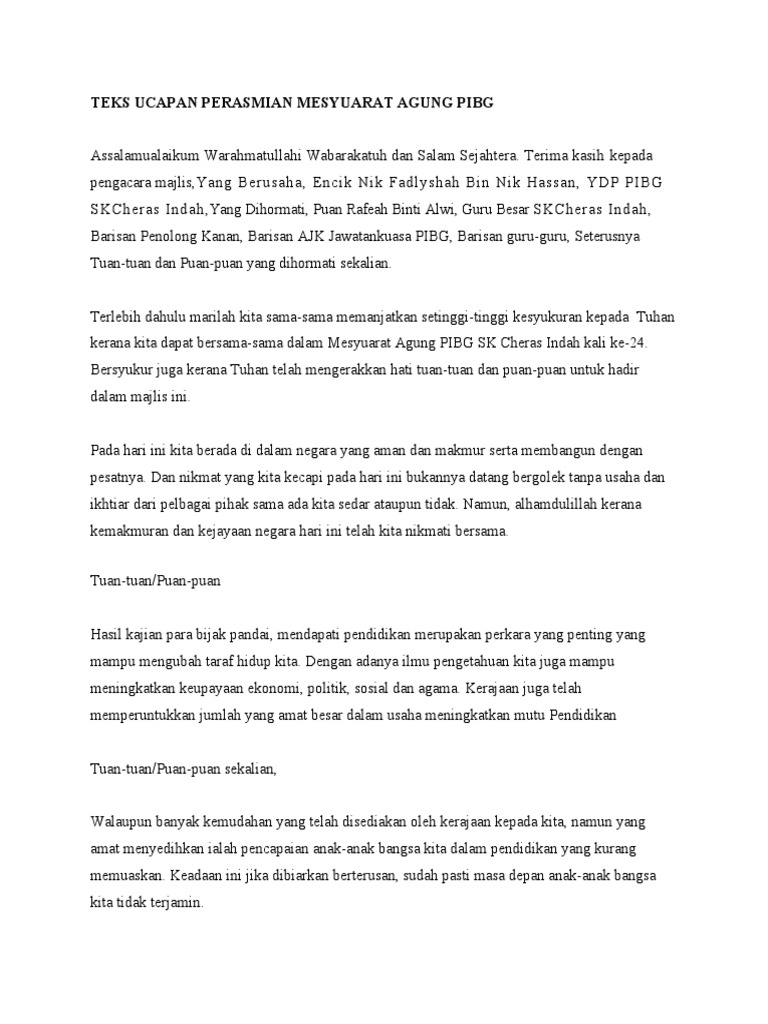 Teks Ucapan Perasmian Mesyuarat Agung Pibg | PDF