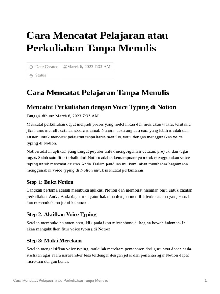 Mencatat Kuliah dengan Voice Typing Notion | PDF | Karier & Perkembangan