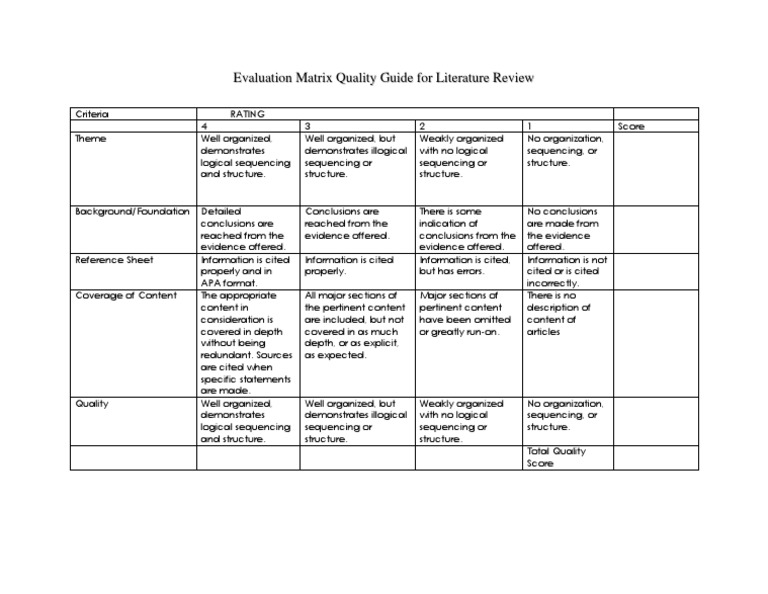 Quality Guide Evaluation Matrix For Literature Review | PDF | Cognition