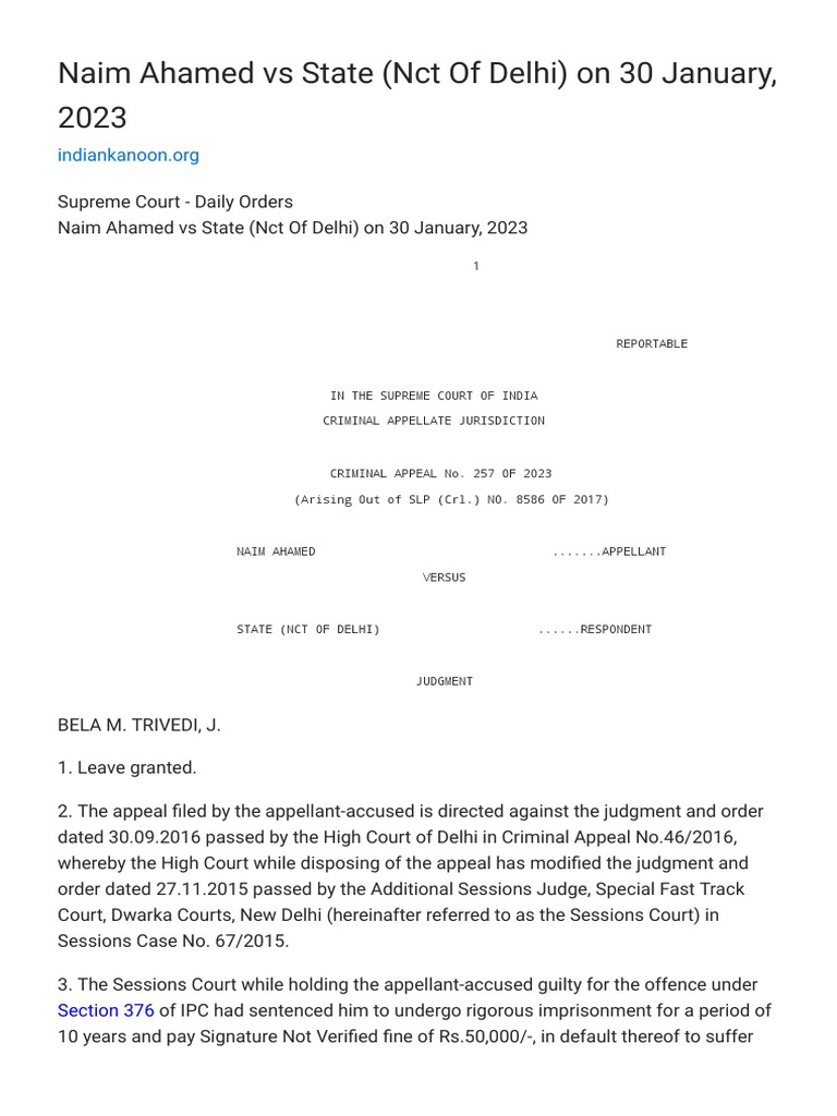 Naim Ahamed vs State (Nct Of Delhi) on 30 January, 2023 (1) | PDF | Rape | Prosecutor