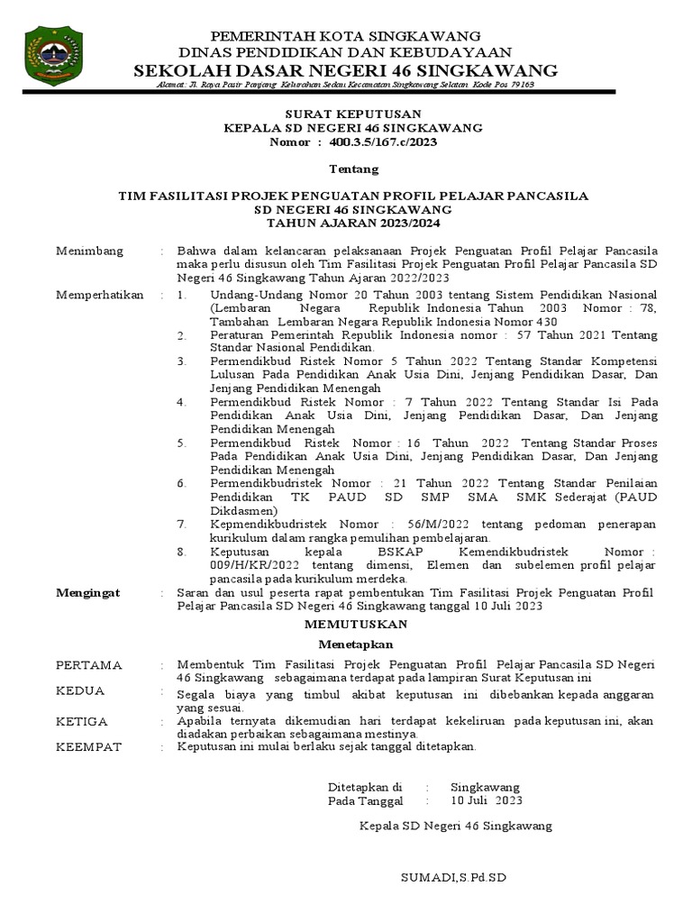 SK Tim Fasilitasi Projek Profil Pelajar Pancasila (p5) . | PDF | Seni ...