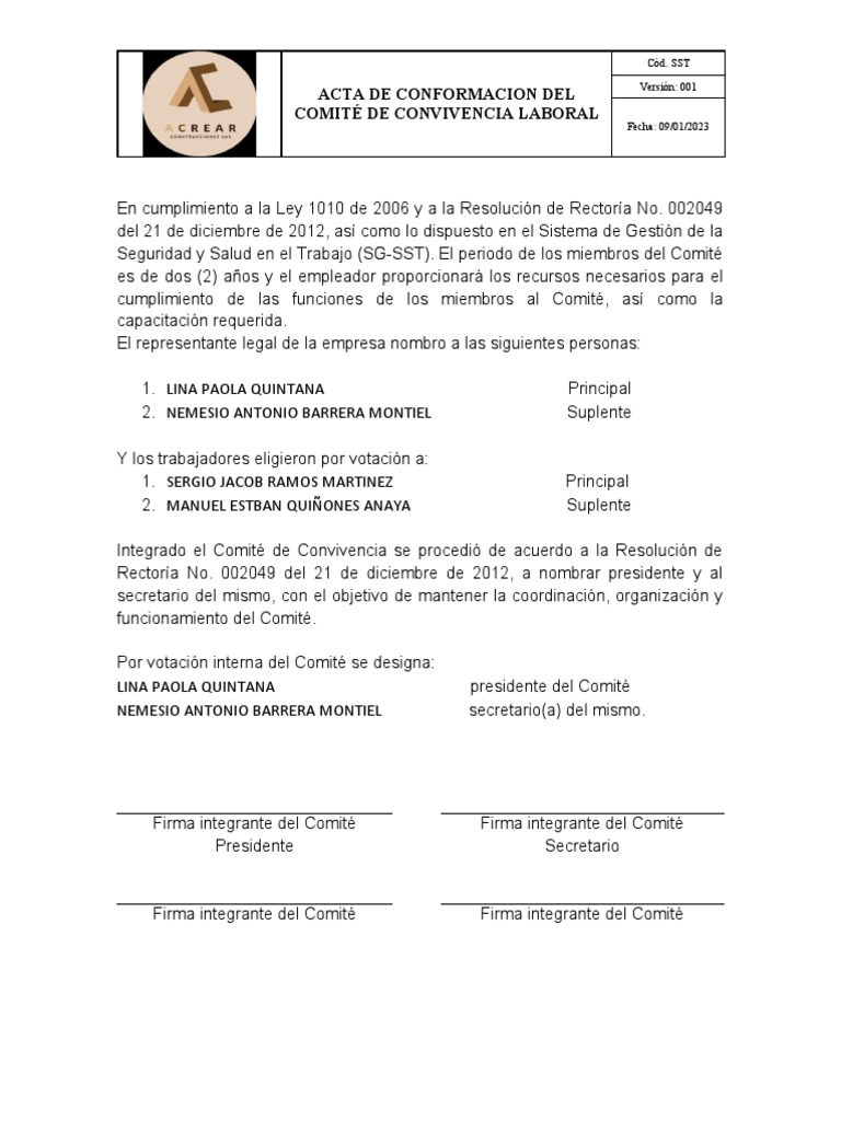 FOR-TH-033 Formato Acta Conformación Comité Convivencia Laboral | PDF