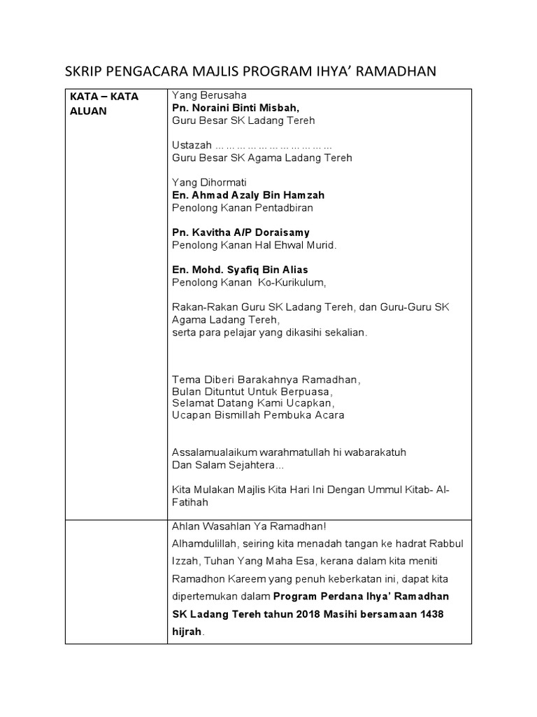 Skrip Pengacara Majlis Program Ihya | PDF