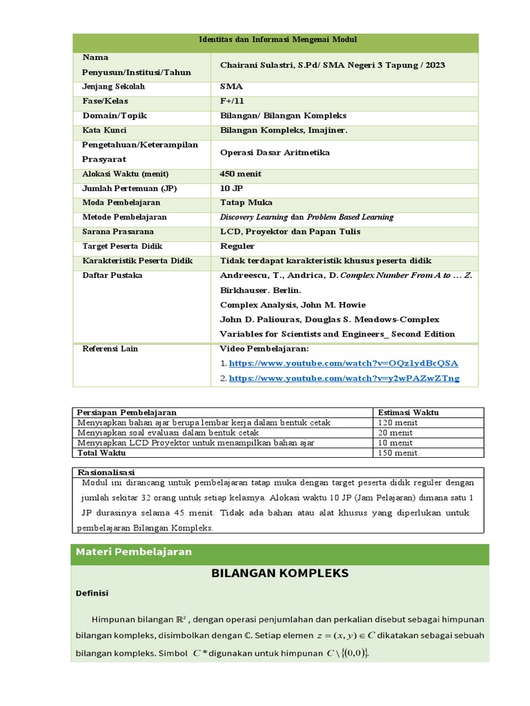 Modul Bilangan Kompleks MTK Lanjutan Xi | PDF