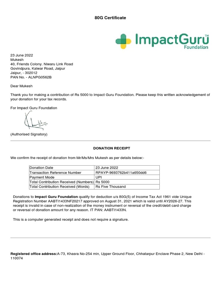 80G Donation Receipt for Tax Exemption | PDF
