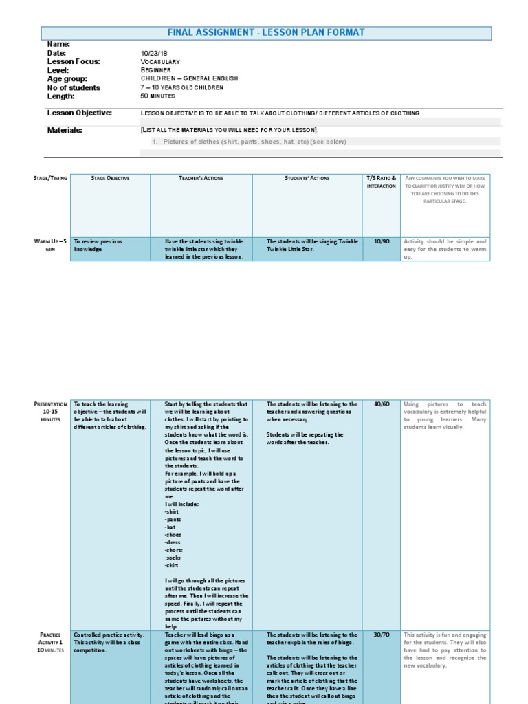 Sample Lesson Plan TEYL | Download Free PDF | Lesson Plan | Vocabulary
