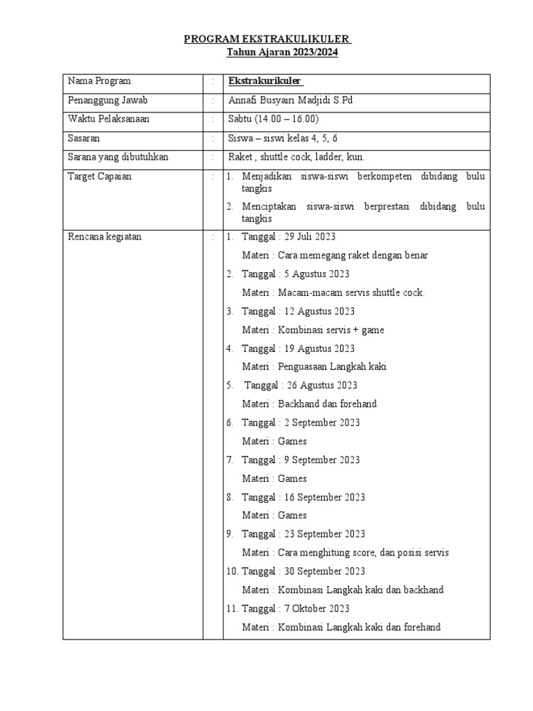 Rencana Program Ekstrakulikuler - 082206 | PDF