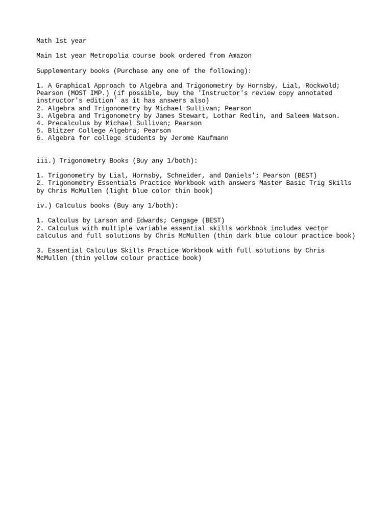 Math Books 1st Year List | PDF