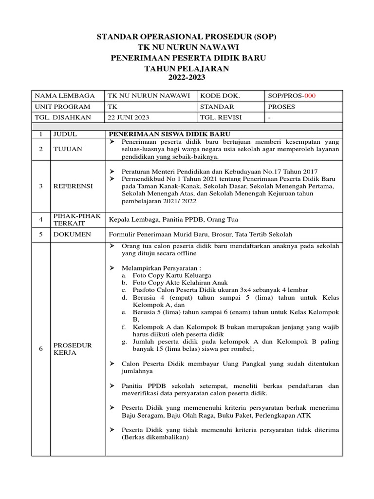 SOP Penerimaan Peserta Didik Baru TK | PDF | Karier & Perkembangan