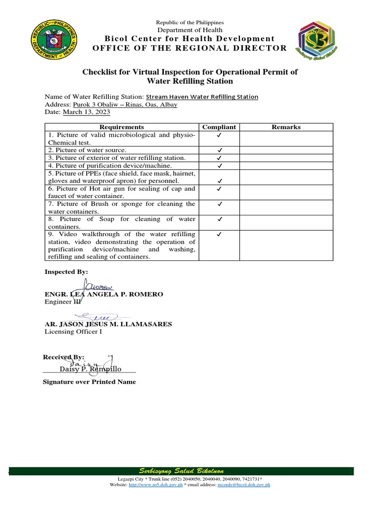 Inspection Checklist Stream Haven Water Refilling Station | PDF