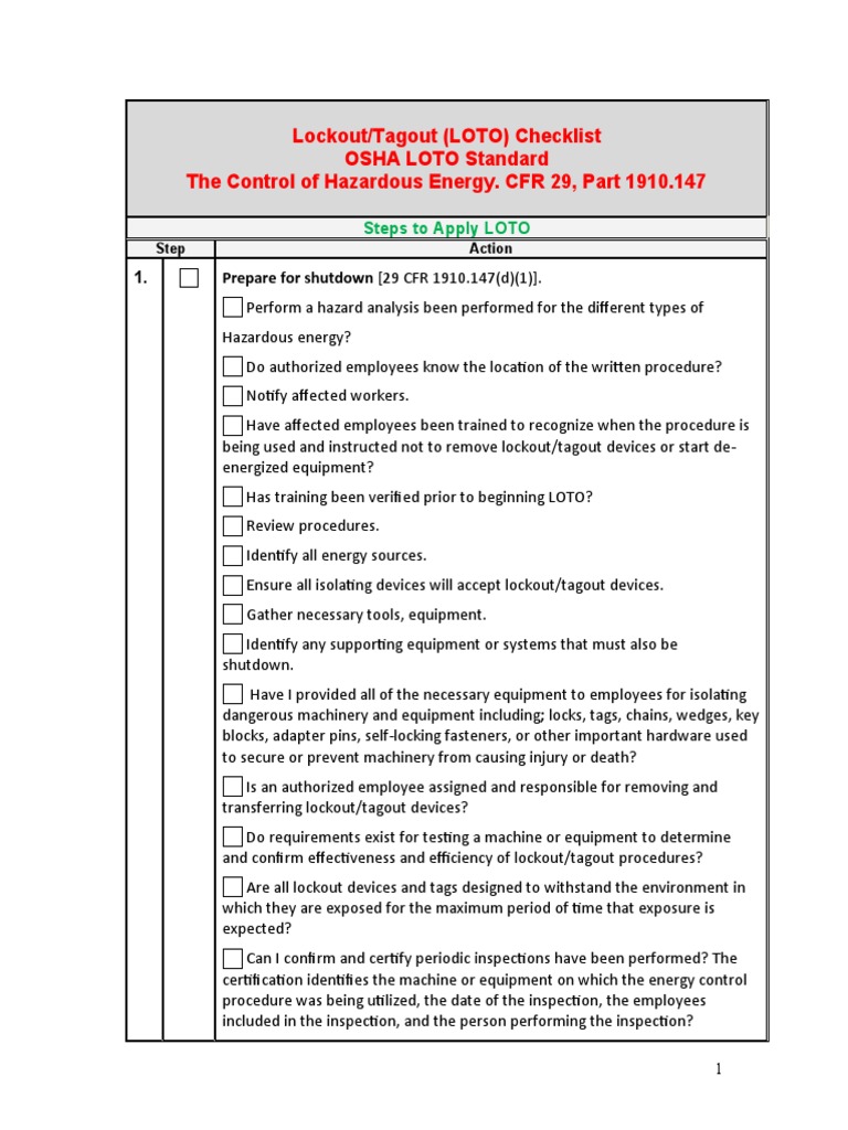 LOTO Checklist | PDF | Workplace | Working Conditions