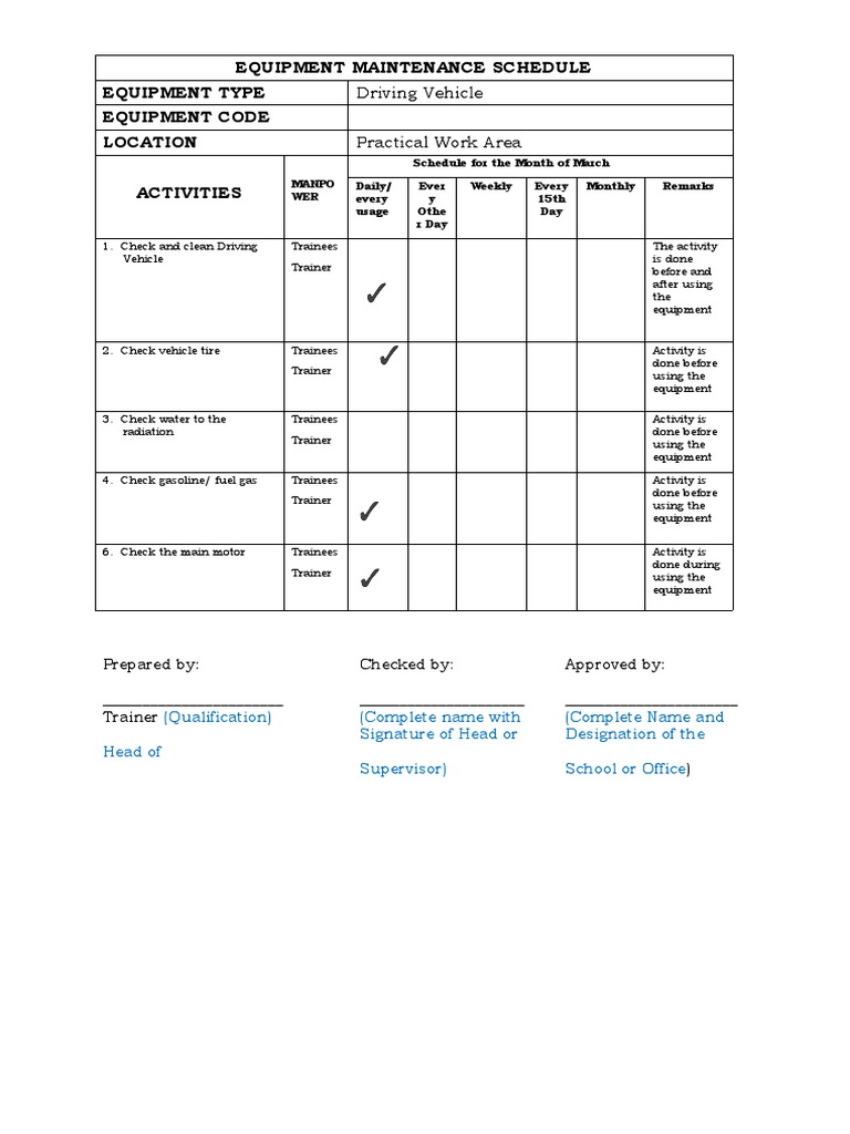 3 MTF Equipment Maintenance Schedule | PDF | Vehicles | Transport