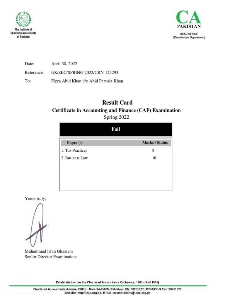 ICAP Result Card | PDF | Finance & Money Management