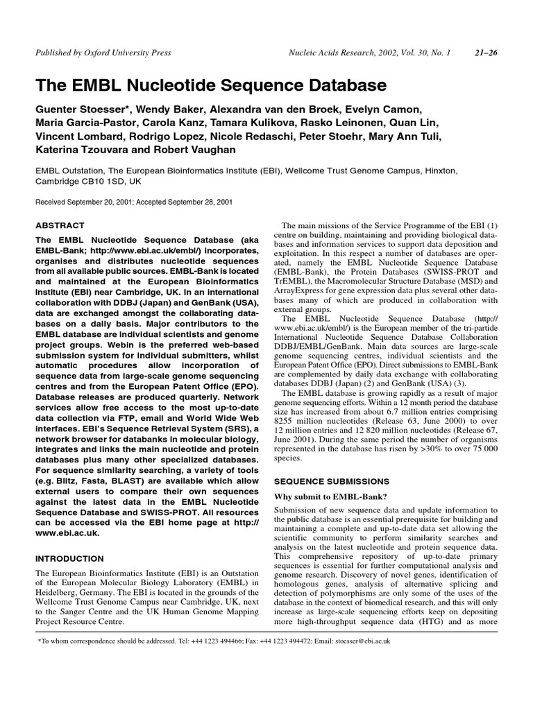 EMBL - Nucleotide - Protein Data Base | PDF | Dna Sequencing | Gen Bank