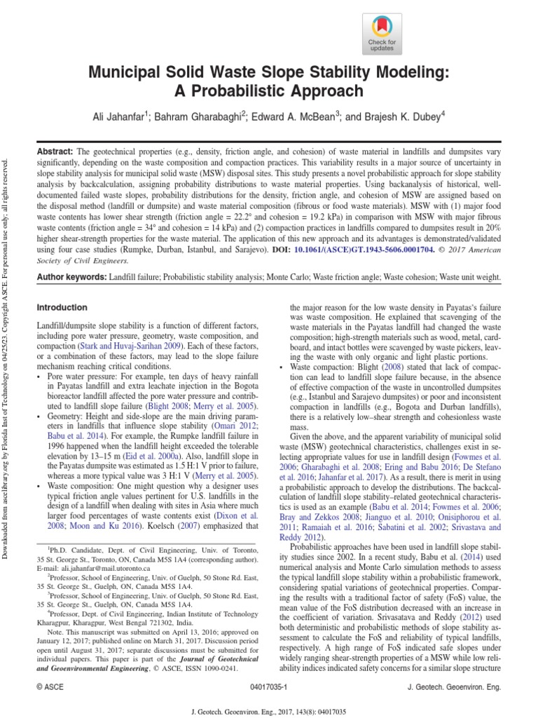 Municipal Solid Waste Slope Stability Modeling-A Probabilistic Approach ...