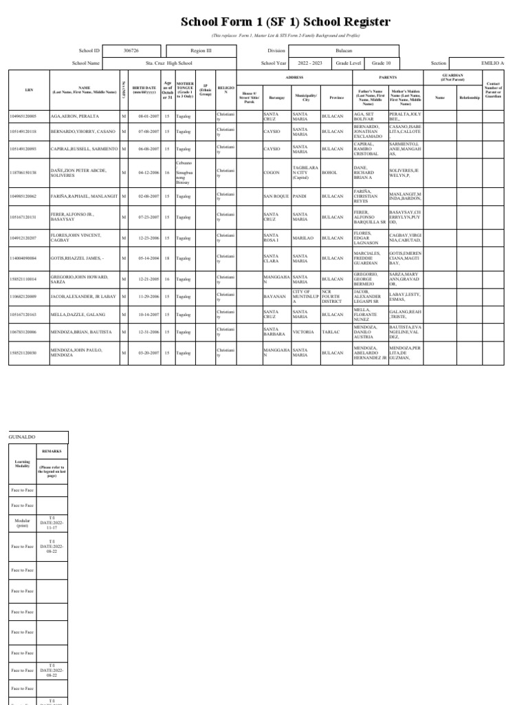 Sf1 - 2022 - Grade 10 (Year IV) - Emilio Aguinaldo | Download Free PDF ...