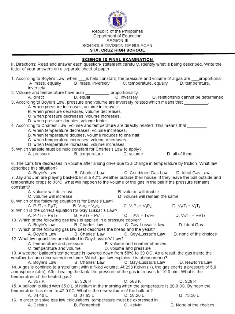 Final Exam in Science 10 | Download Free PDF | Gases | Temperature