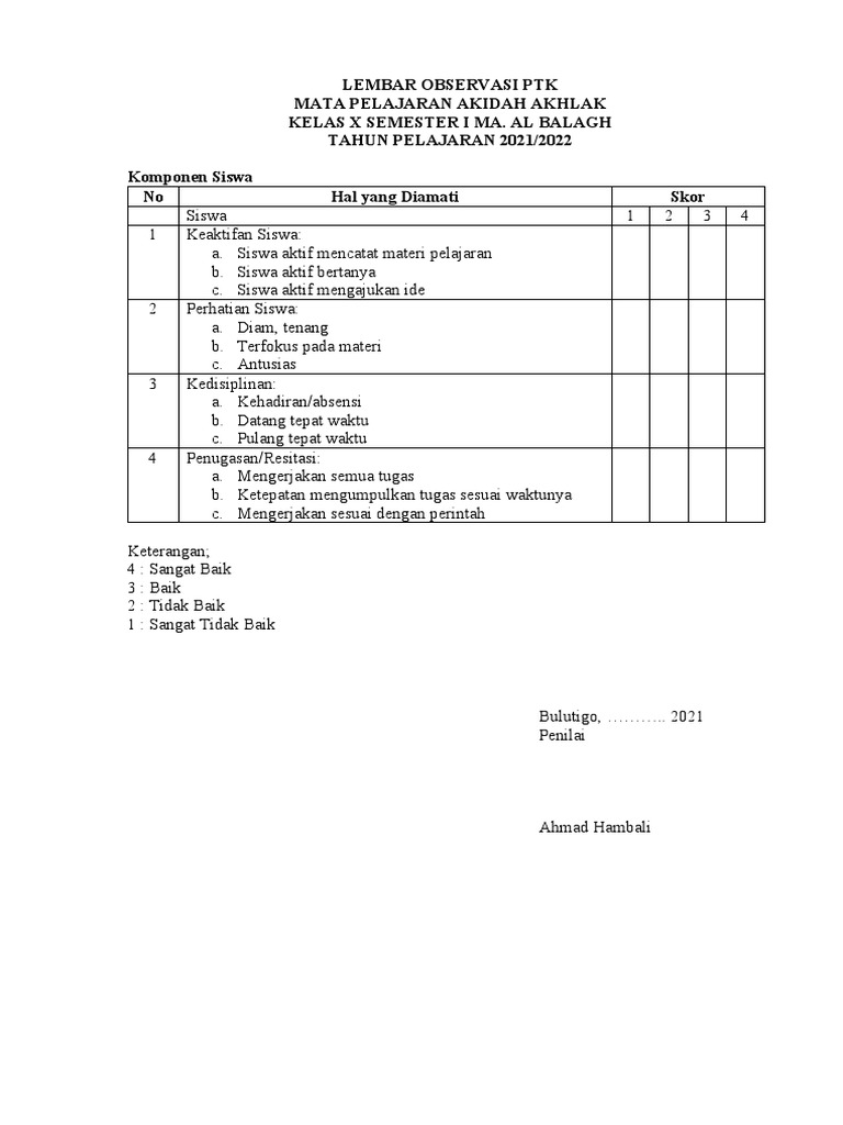 Contoh Instrumen PTK | PDF