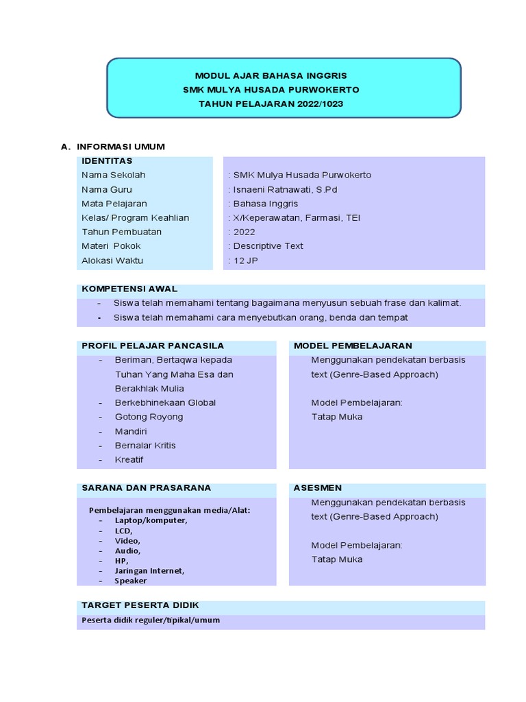 MODUL AJAR Descriptive Text | PDF | Karier & Perkembangan
