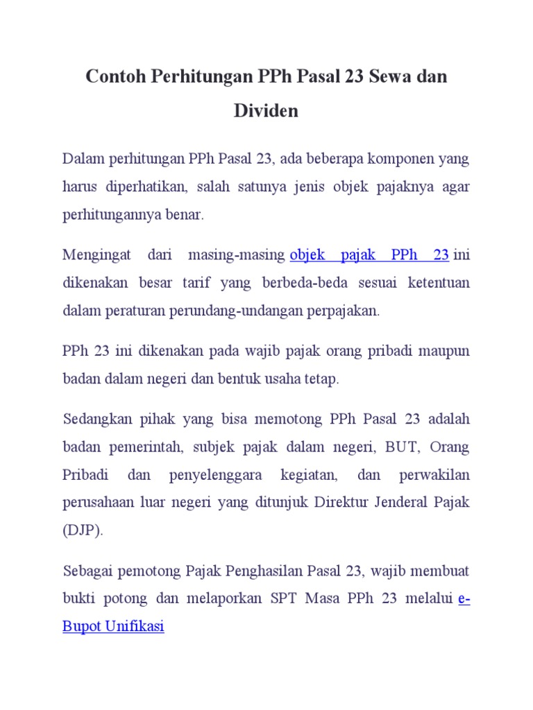 Contoh Perhitungan PPH Pasal 23 Sewa Dan Dividen | PDF