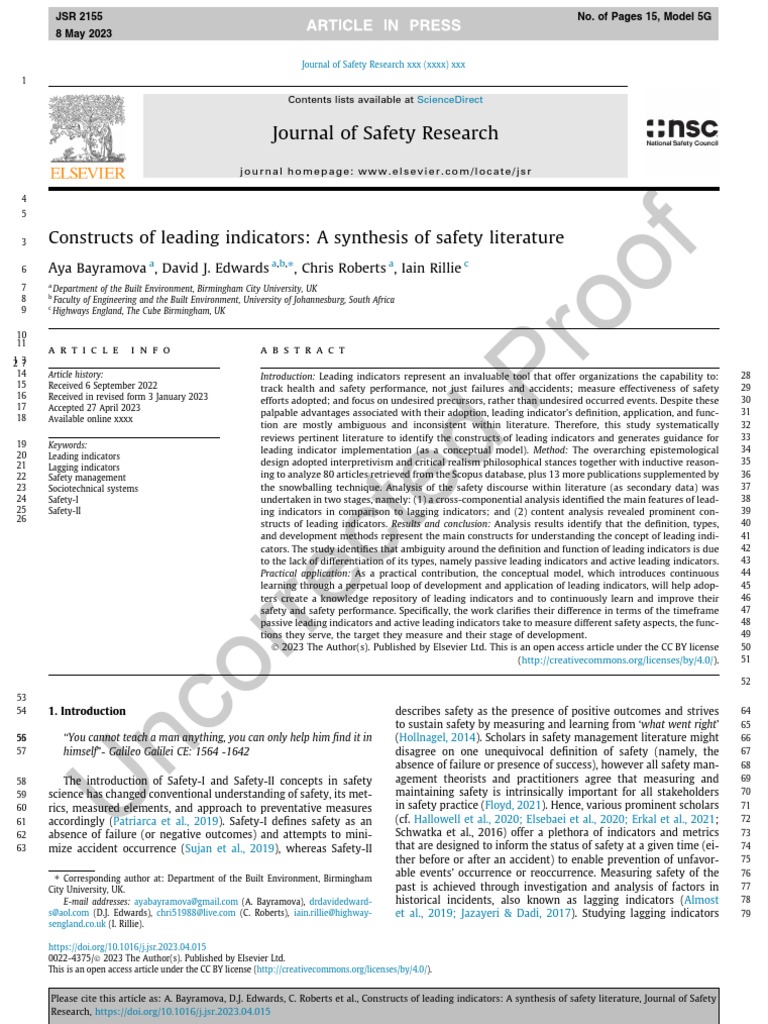 Constructs of Leading Indicators - A Synthesis of Safety Literature | Download Free PDF ...