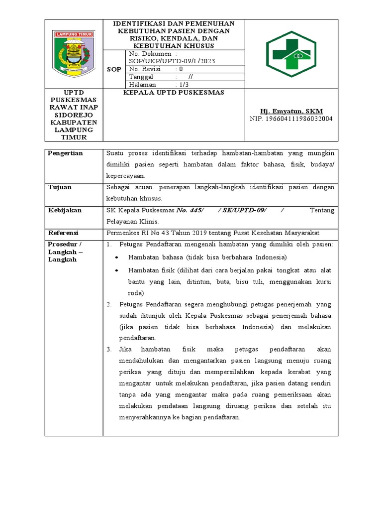 Sop Identifikasi Dan Pemenuhan Kebutuhan Pasien Dengan Risiko Kendala Dan Kebutuhan Khusus | PDF ...