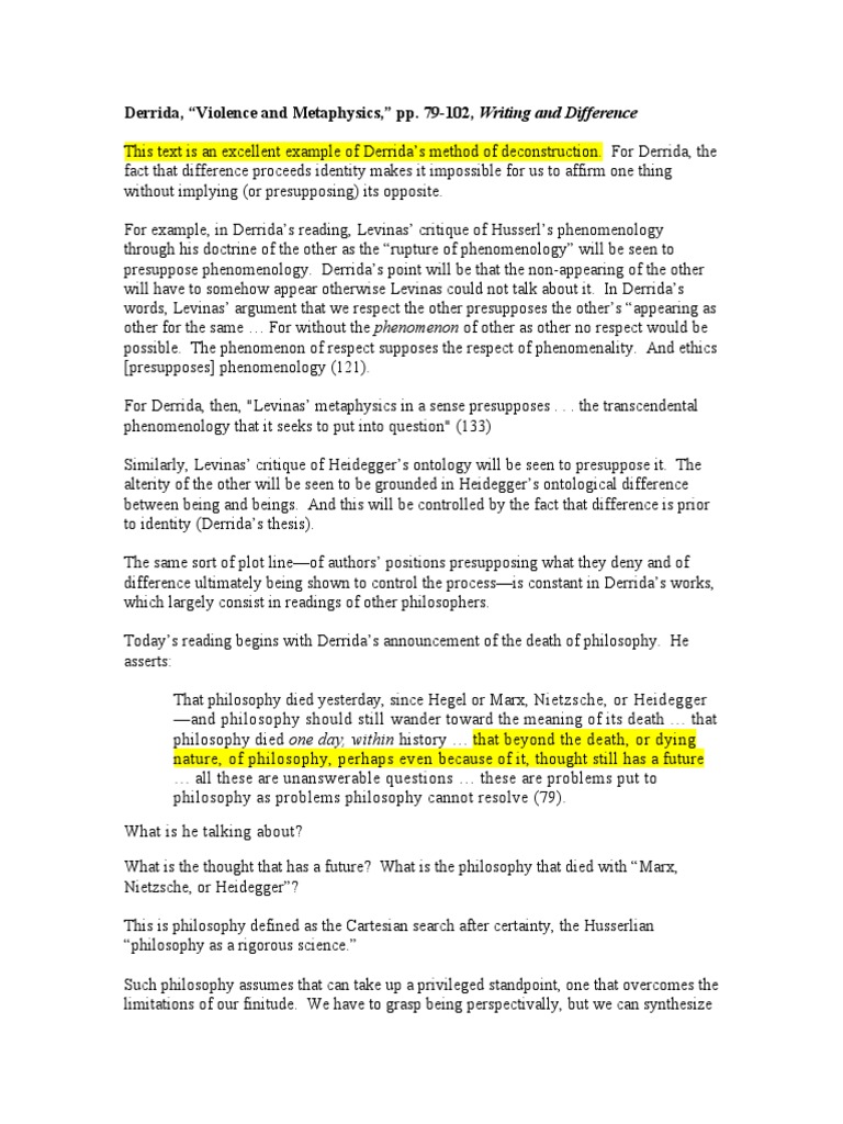 Lectures On Derridas Violence and Metaph | PDF | Phenomenology ...