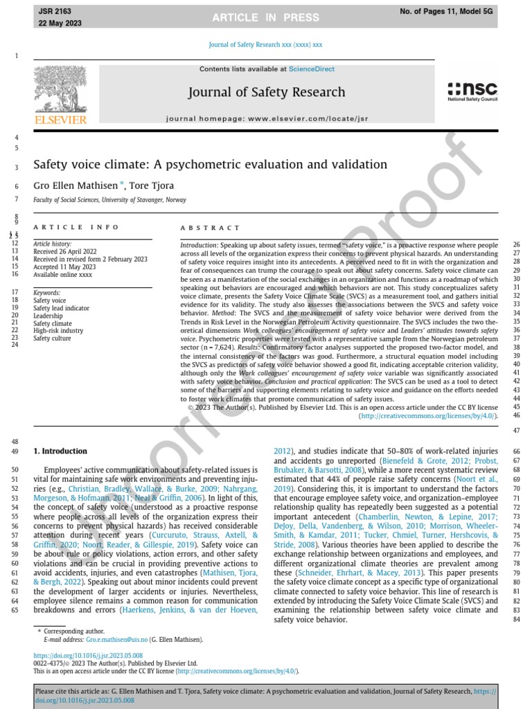 Safety Voice Climate - A Psychometric Evaluation and Validation ...