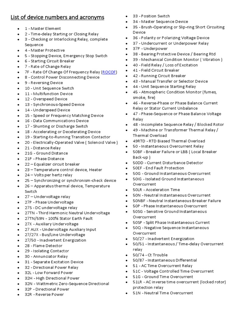 List of Device Numbers and Acronyms | PDF | Relay | Alternating Current