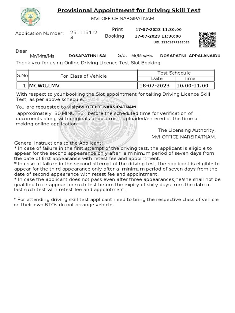 Provisional Appointment For Driving Skill Test: 1 MCWG, LMV 18-07-2023 ...