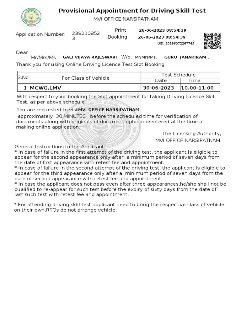 Provisional Appointment For Driving Skill Test: 1 MCWG, LMV 30-06-2023 ...