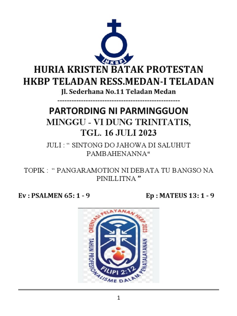 Acara Parmingguon Minggu - Vi Dung Trinitatis, 16 Juli I 2023. Multimedia | PDF