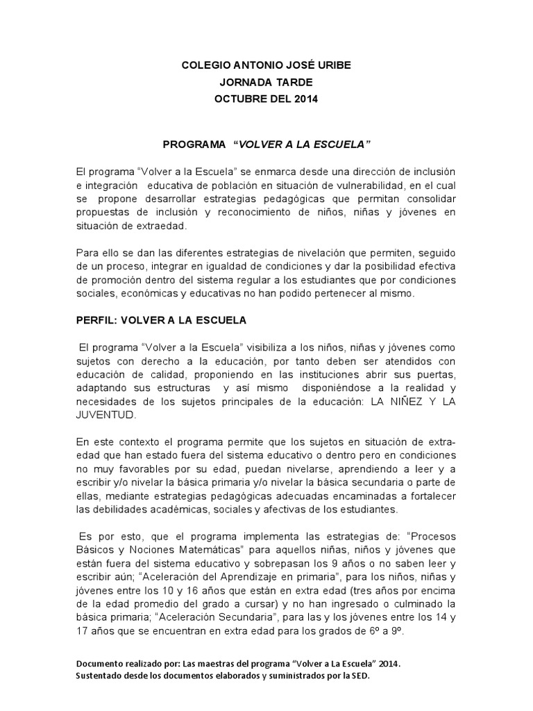 Programa Volver A La Escuela | PDF | Inclusión (Educación) | Educación ...