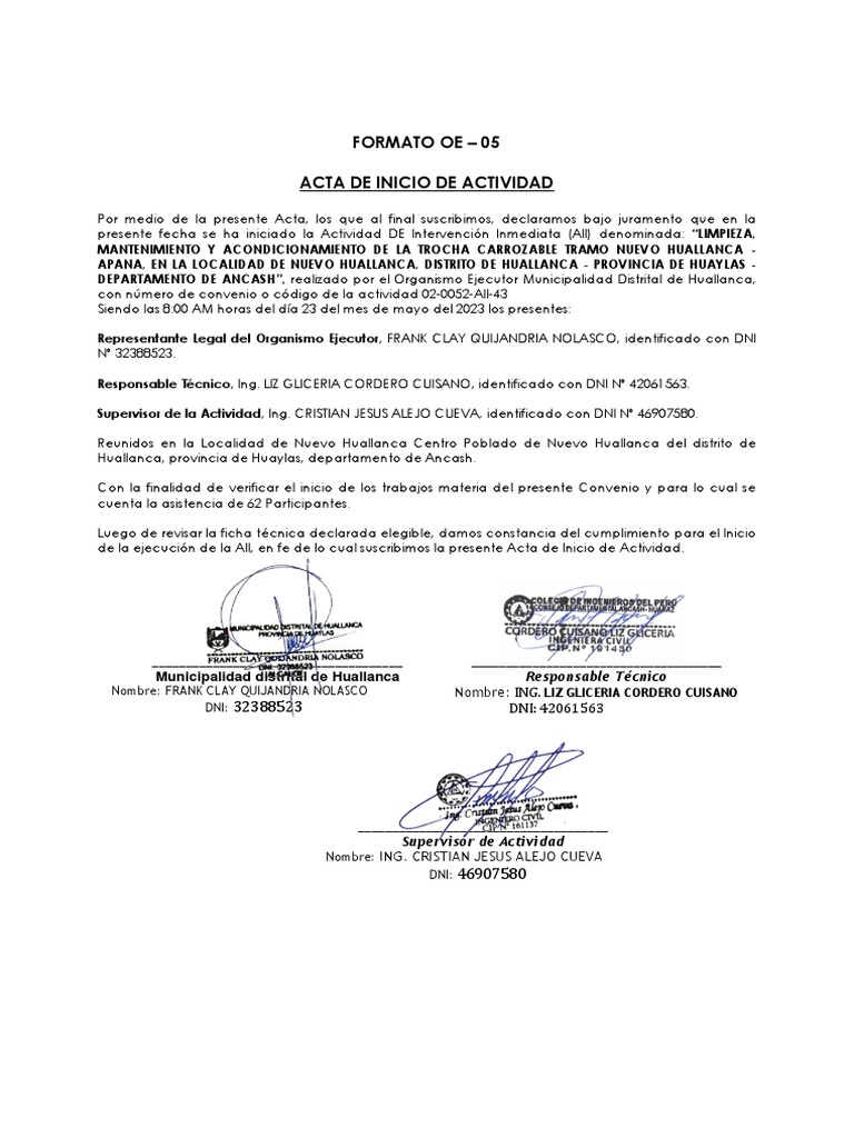 Formato OE-05 (Acta de Inicio) Nvo Huallanca Por Firmar | PDF