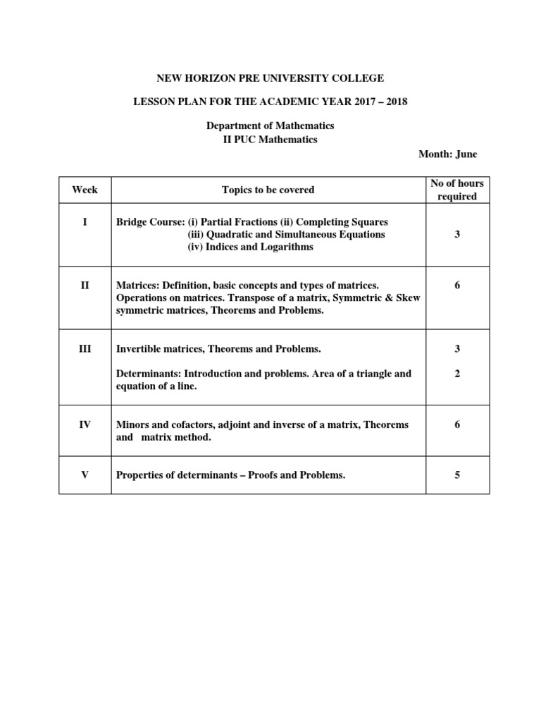 II Puc Maths Lesson Plan 2017 2018 | PDF | Matrix (Mathematics) | Integral