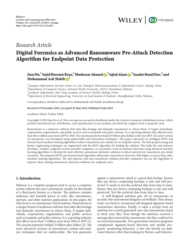 Research Article: Digital Forensics As Advanced Ransomware Pre-Attack Detection Algorithm For ...