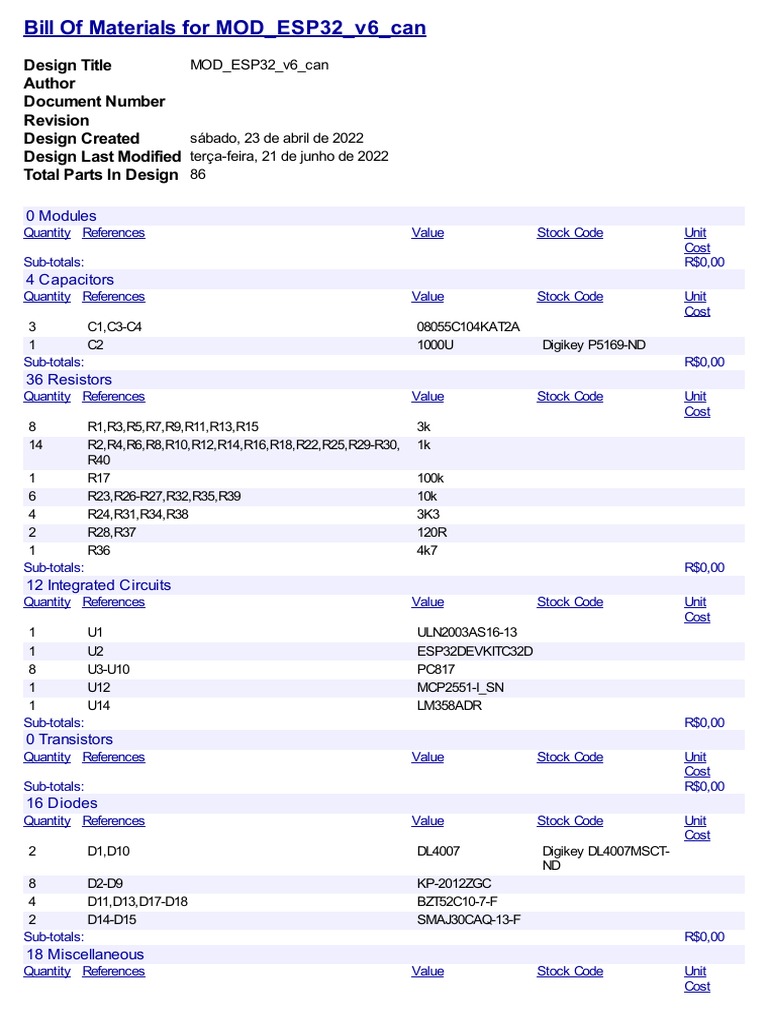 Bill of Materials MOD - ESP32 - v6 - Can | PDF | Electricity ...