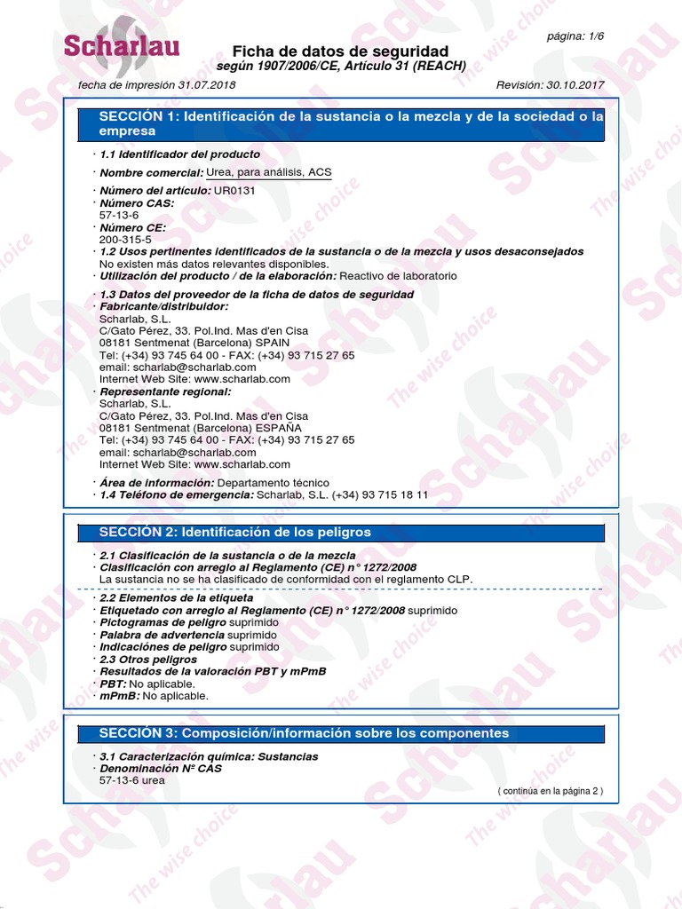 Ficha de Seguridad: Urea ACS | PDF | Residuos | Agua
