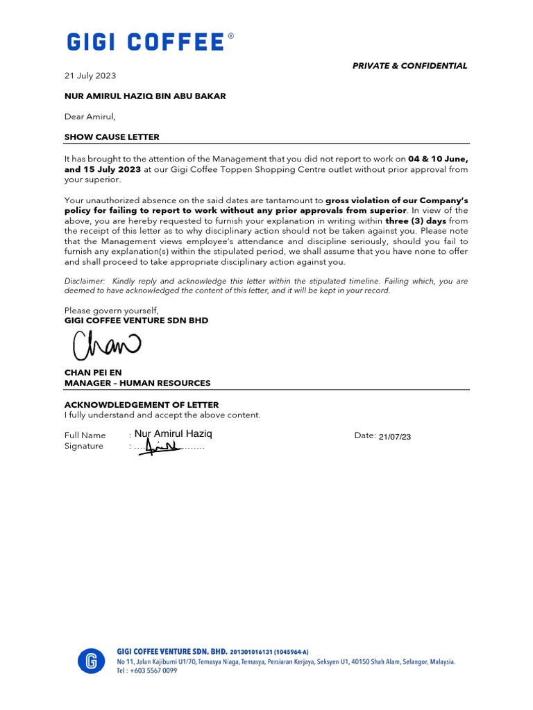 Show Cause Letter - Nur Amirul Haziq Abu Bakar 2 | PDF